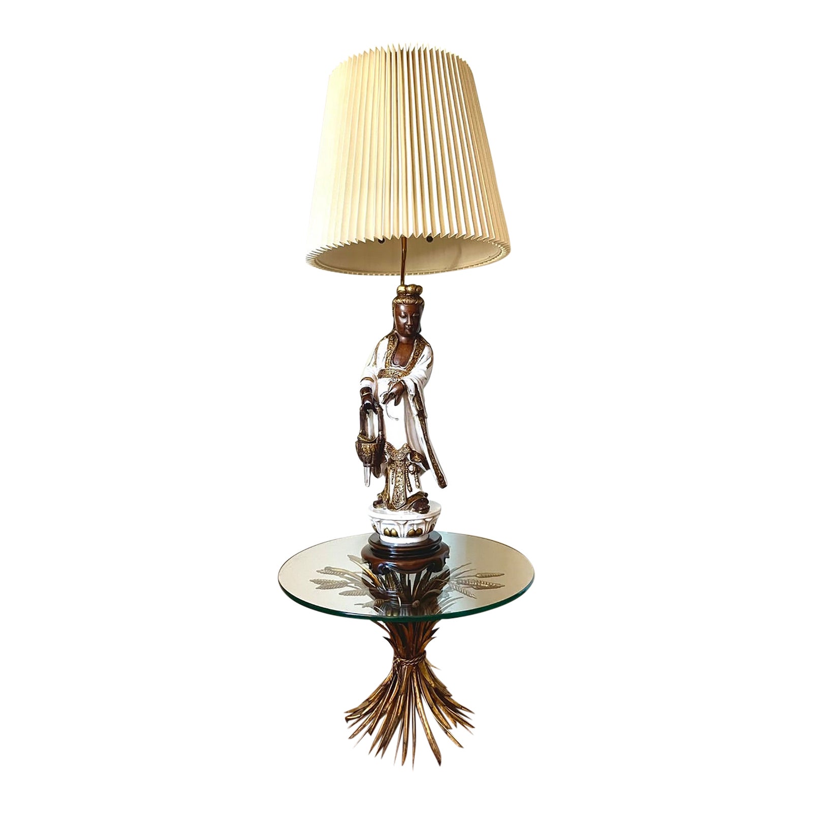 Mid Century Goddess Guan Yin Chinoiserie Lamp, Carved Plinth Base, Porcelain Bronze Figural ...