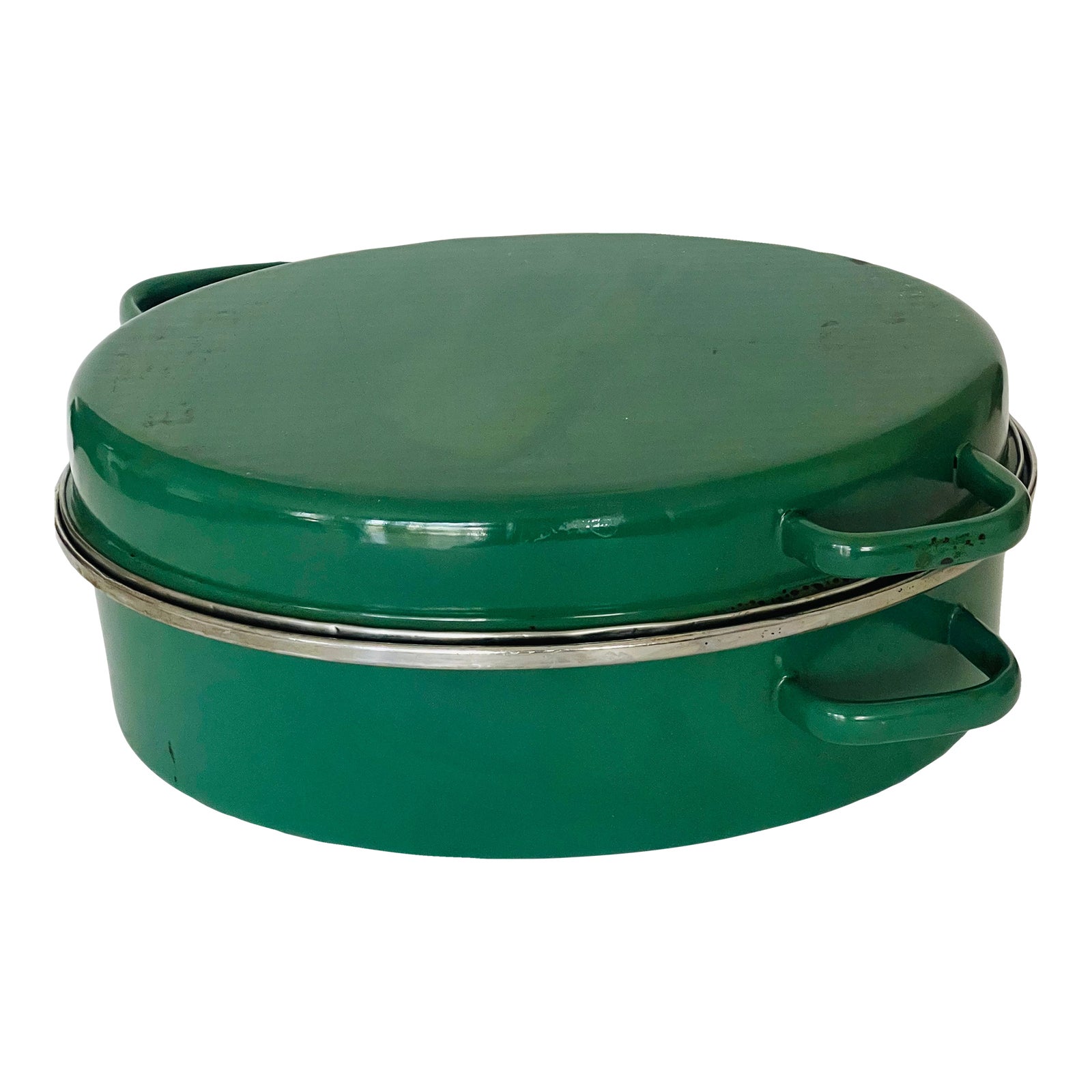 1940 Green Enamel Steel Oval Pot With Cover | Chairish