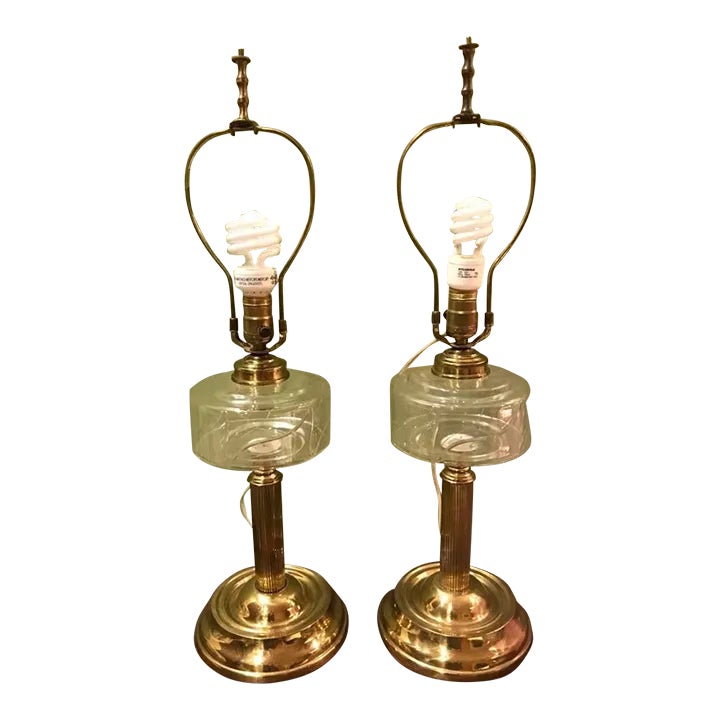 Vintage Pair Oil Glass & Brass Electrified Conversion Lamps | Chairish