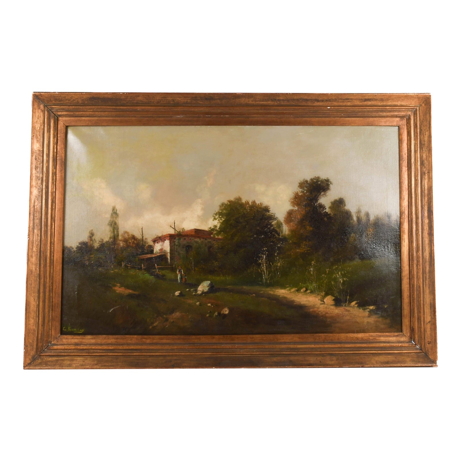Antique Framed Signed G. Revere Countryside Villa Oil on Canvas | Chairish
