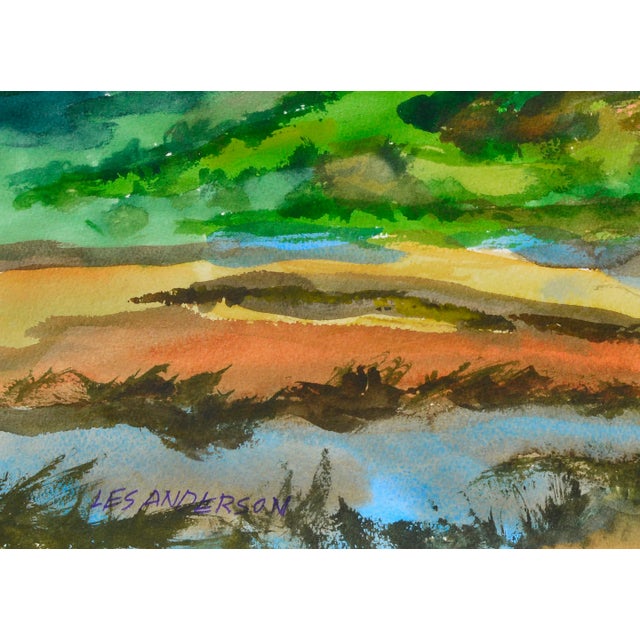 Vintage Hillside Lake Watercolor Landscape by Les Anderson | Chairish