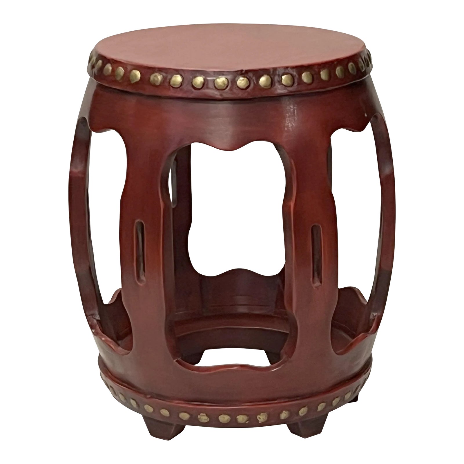Chinese Distressed Brick Red Gold Dots Wood Open Ru Yi Bar Round Barrel ...