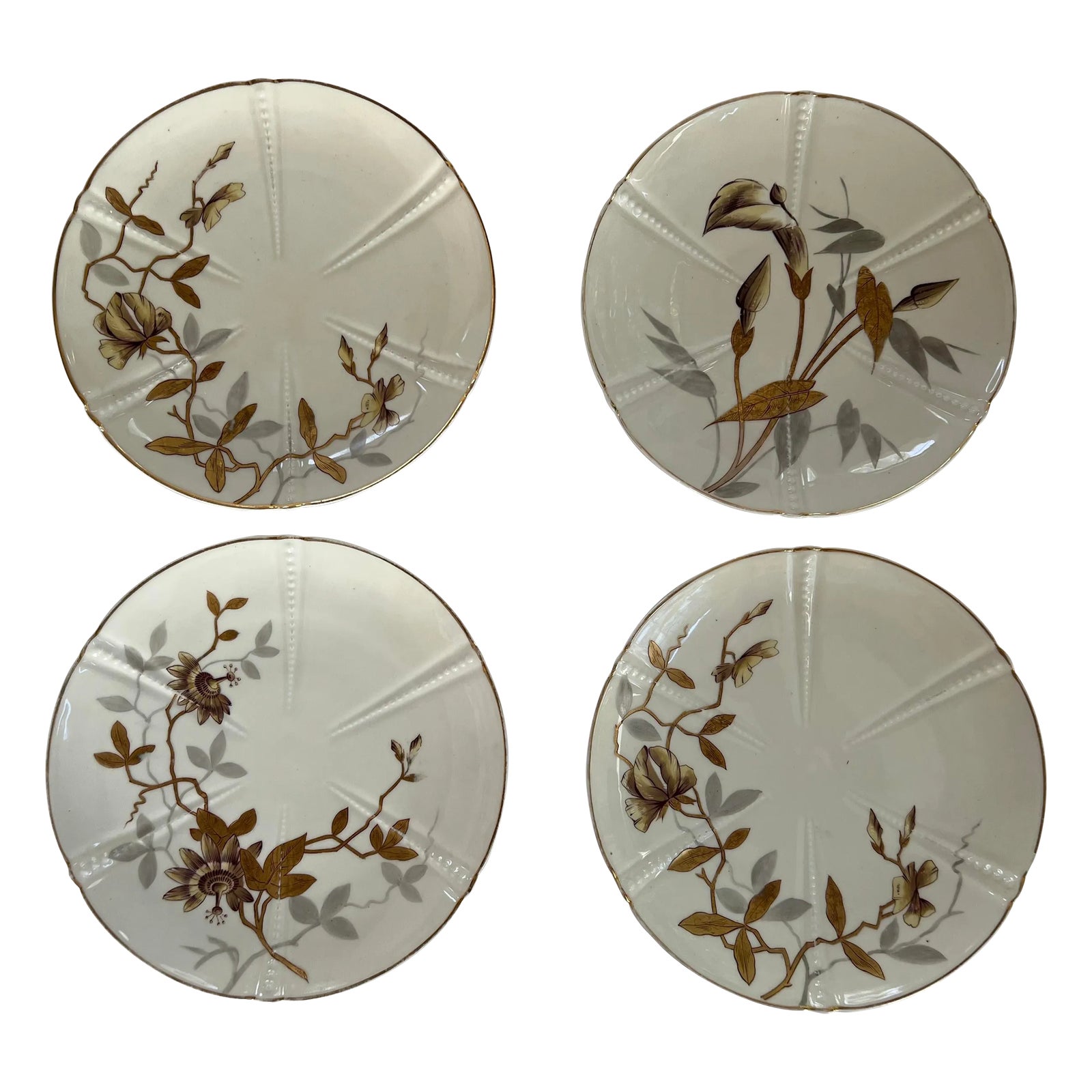 Antique Weimar German Porcelain Purple & Gold Botanical Plates - Set of ...