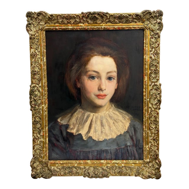 Late 19th Century British Oil Painting Portrait of a Young Lady Blue ...
