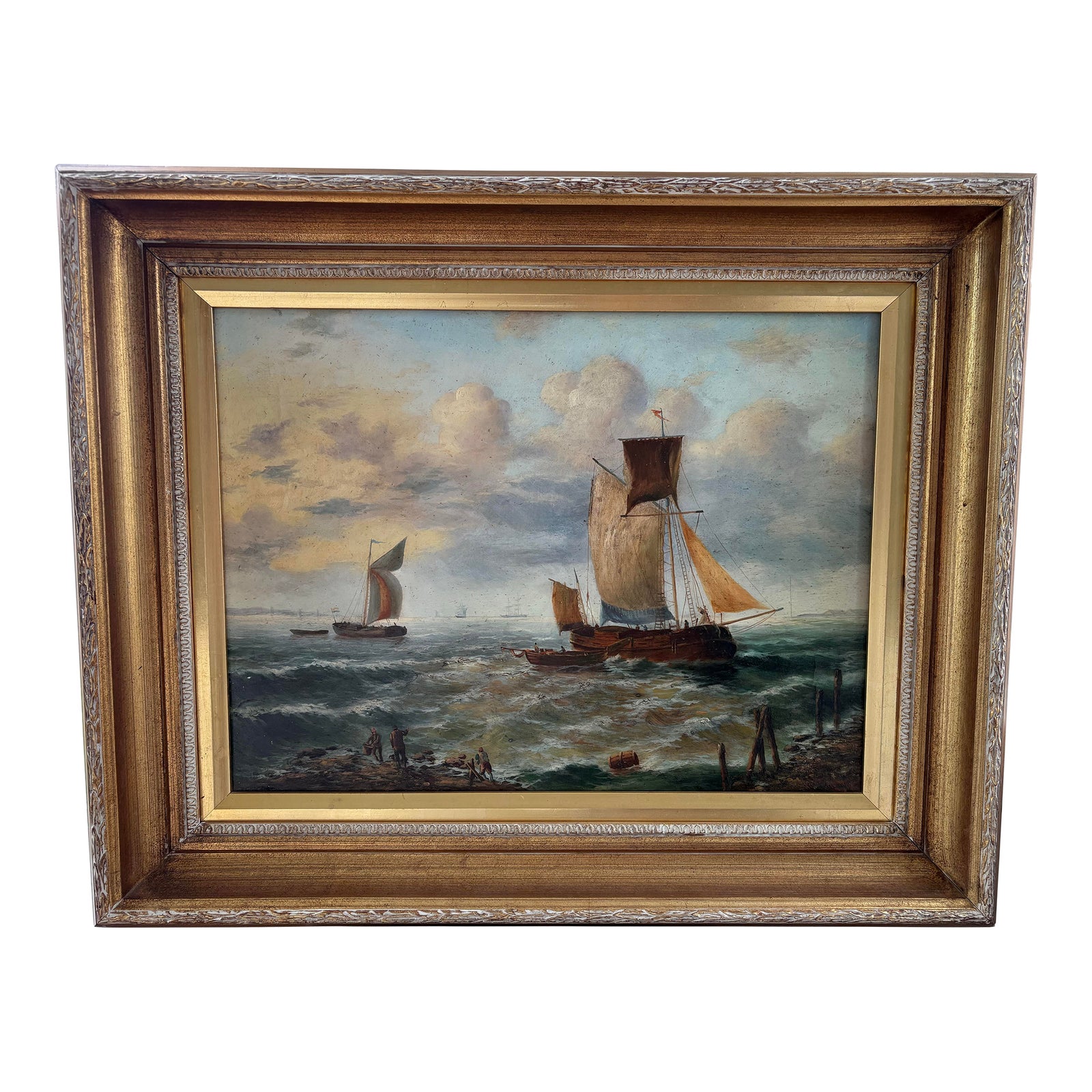 19th-Century Continental School “Ships at Sea” Oil Painting in Gilt ...