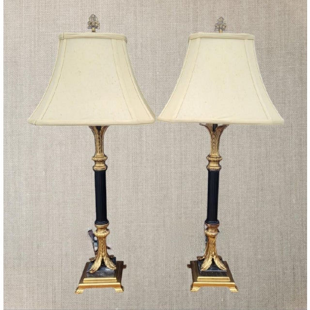 Vintage Palm Leaf Brass Black Fluted Marble Base Off White Shade Tall Buffet Table Lamps- A Pair ...