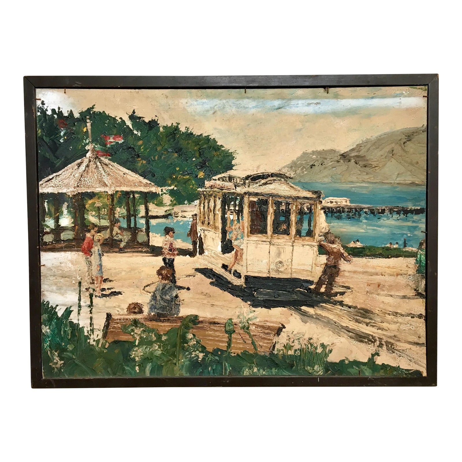 1950s Modern Abstract Original Oil Painting of a Beach Front Park by ...