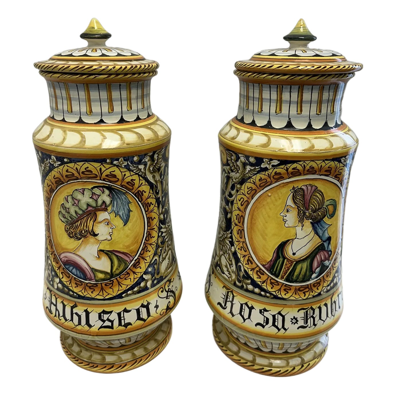 Pair of Majolica Hand Painted Canisters Italy | Chairish