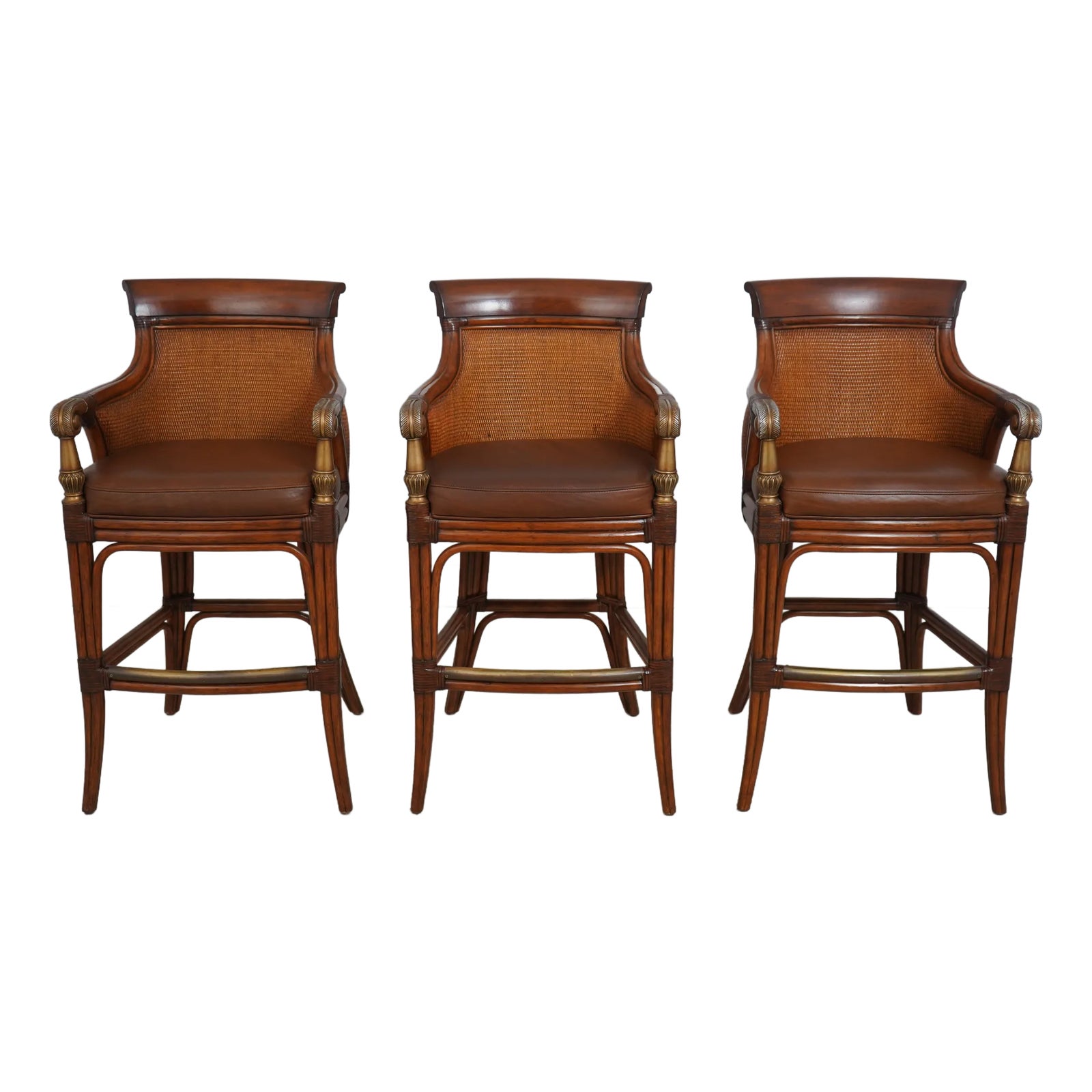 Set of 3 Ethan Allen Faux Bamboo Rattan Bar Stools | Chairish