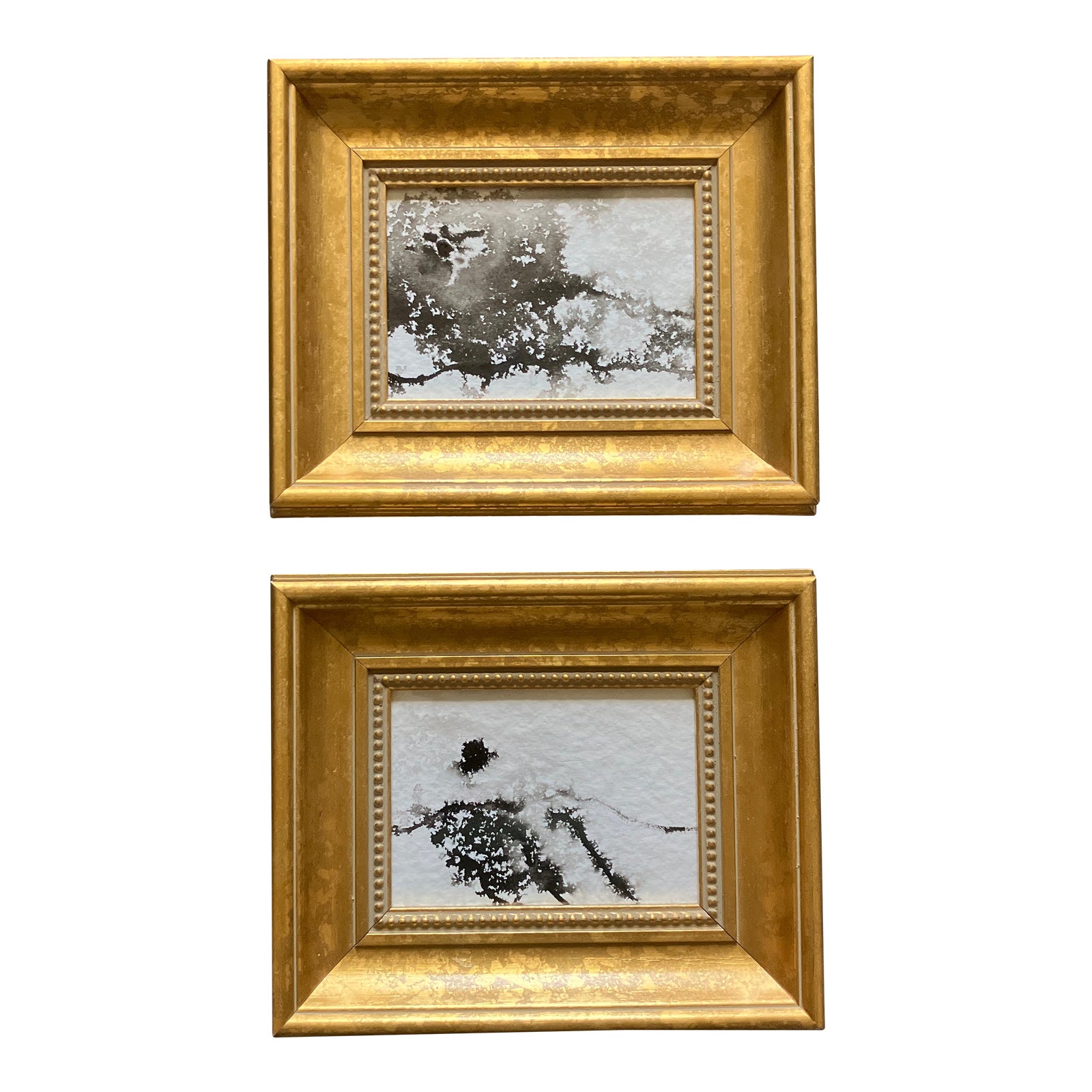 Contemporary Two Original Abstract Black Ink Paintings in Chunky Gold ...