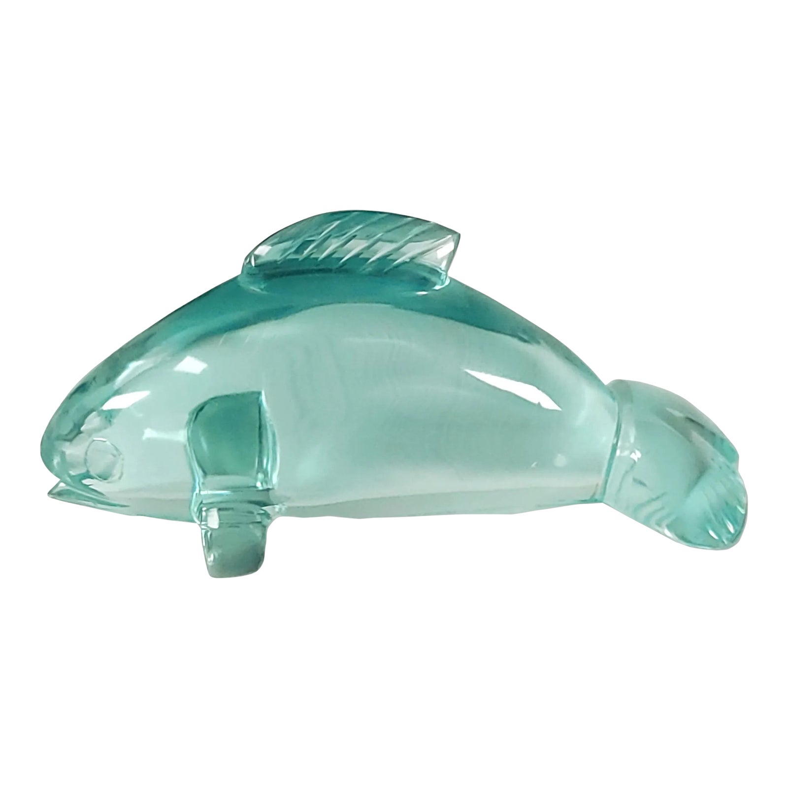 Vintage 1990 Carved Green Glass Dolphin Fish Figurine Art Glass | Chairish