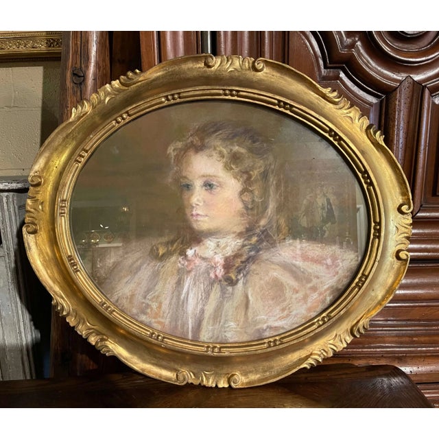 Late 19th Century French Pastel Portrait of Young Girl in Oval Gilt Frame | Chairish