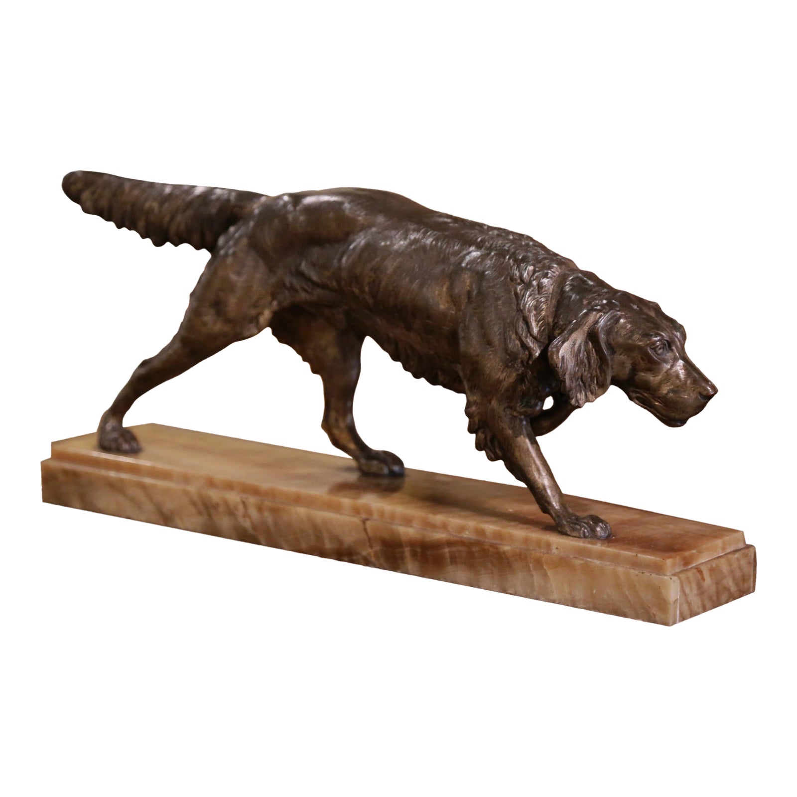 19th Century French Spelter Pointer Dog Sculpture on Marble Base Signed ...