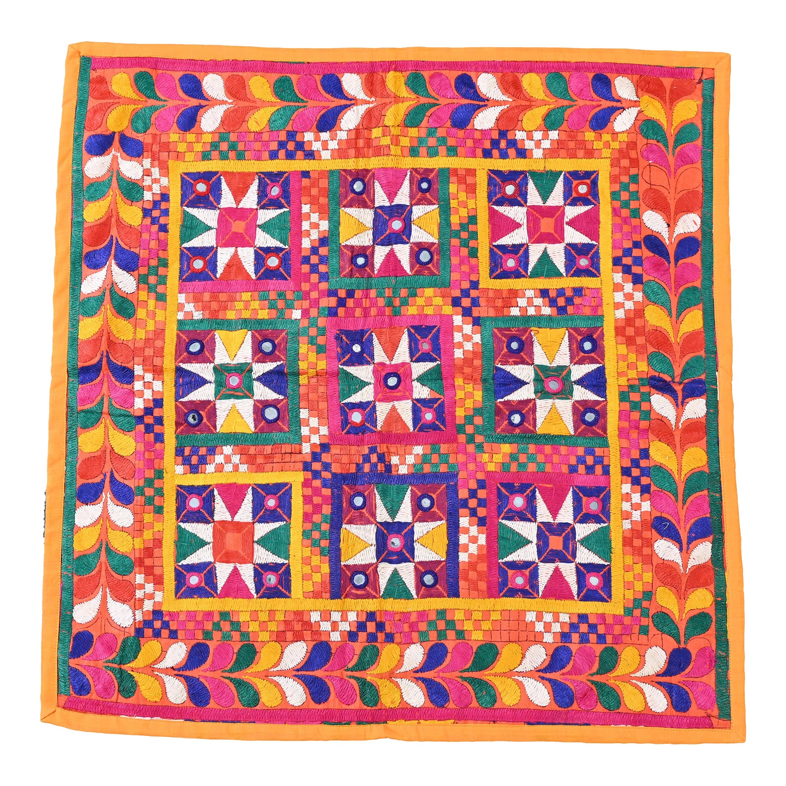 Colorful Vintage Hand Embroidered Gujarati Textile Flower Motif Living ...