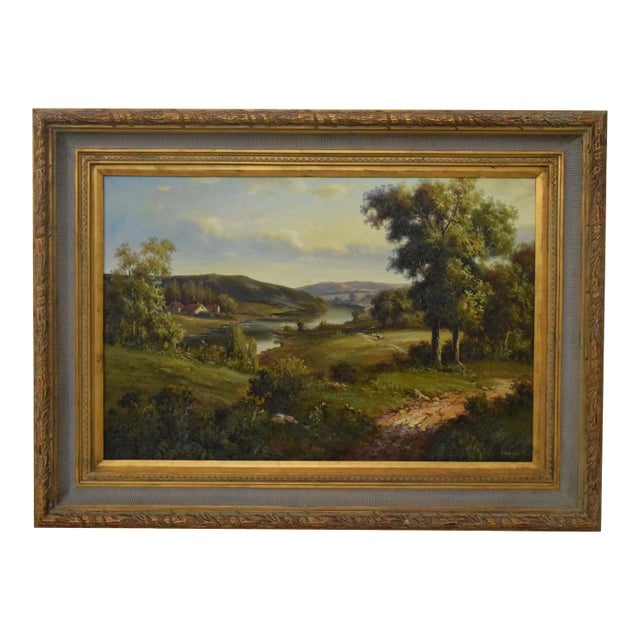 f.adan Meadow & River Framed Oil Painting on Canvas | Chairish