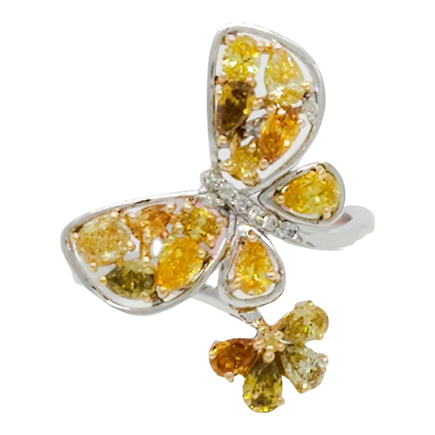 Fancy Color and White Diamond Butterfly Design Cocktail Ring in 14k ...