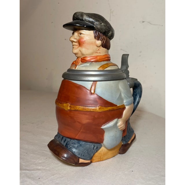 Antique German Hand Painted Pewter Mounted Lidded Man Pottery Figural ...