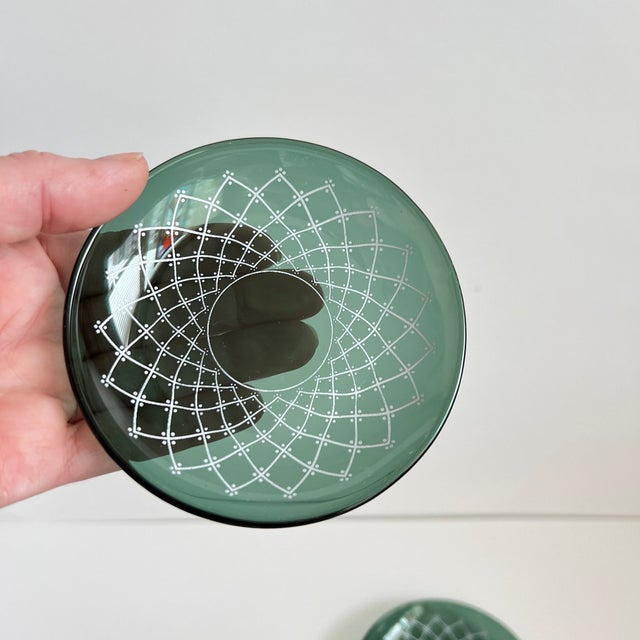 Mid Century Modern Smoke Green Glass Coasters With Carrier- 6 Pieces ...