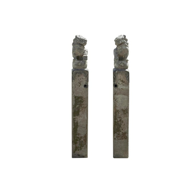 Chinese Pair Gray Stone Fengshui Foo Dogs Lion Slim Pole Statues | Chairish