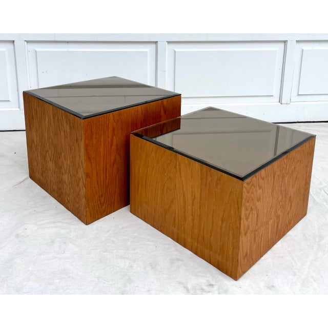 Mid-Century Modern Wood Cube Side Tables With Mirrored Tops - Set of 2 ...