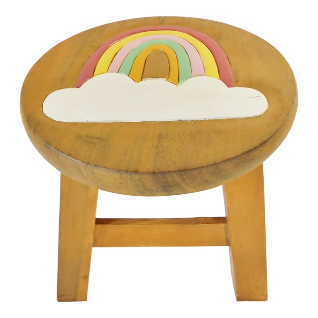 Handcrafted Solid Wood Carved Rainbow Foot Stool | Chairish