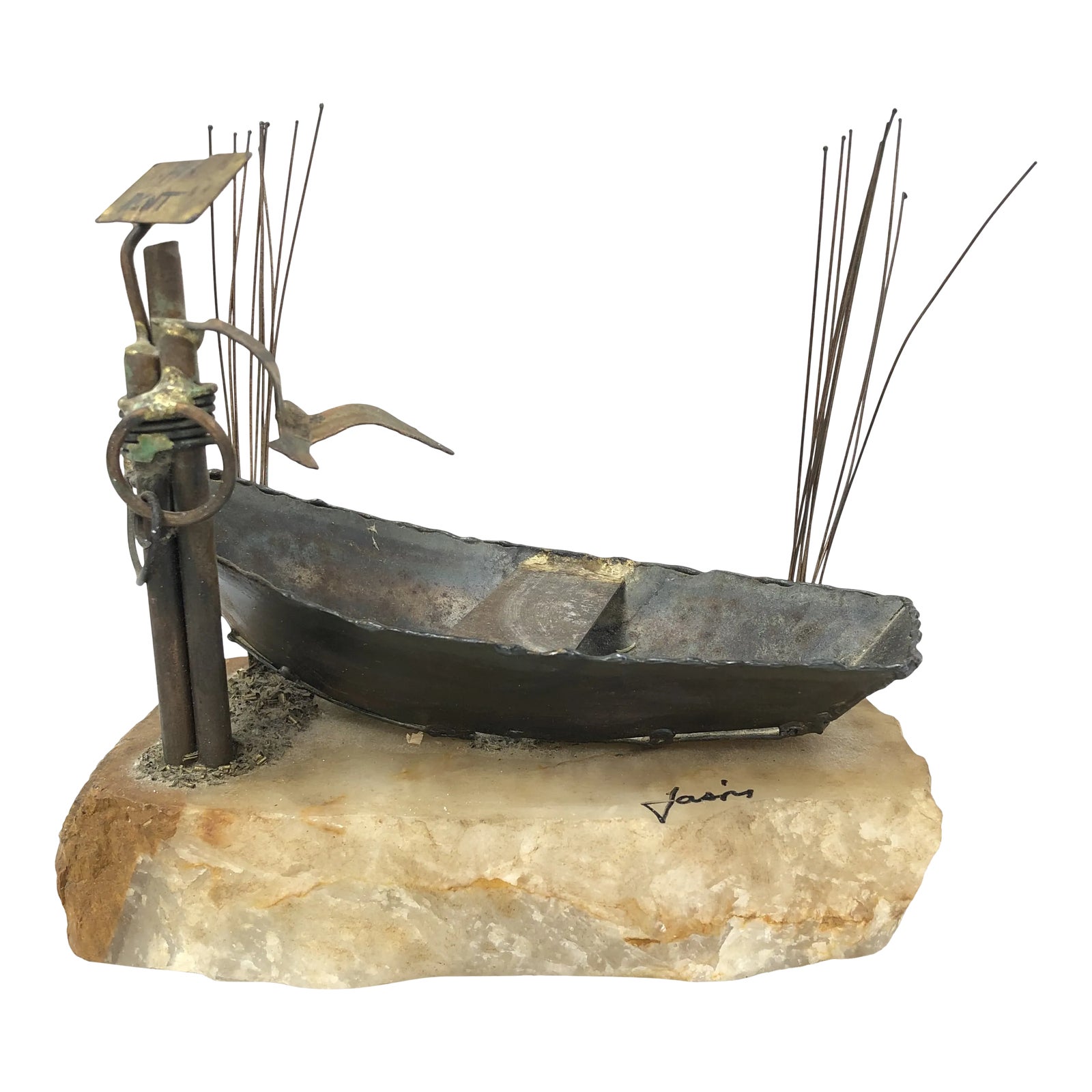 Mid Century Metal Sculpture Boat Mounted on Quartz | Chairish