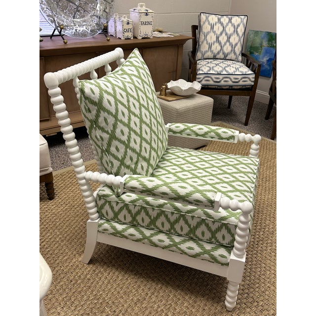White Bobbin Chair With Green & White Kravet Upholstery | Chairish