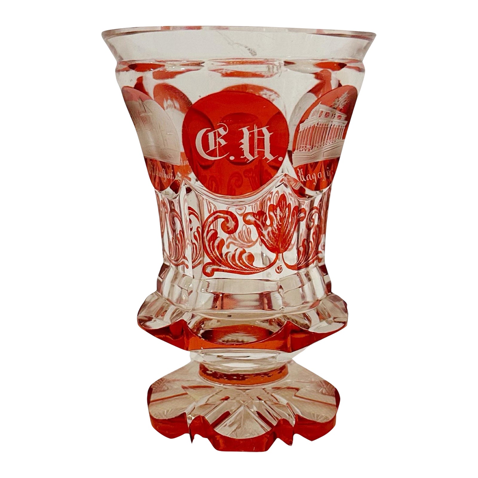 Late 19th Century Bohemian Ruby Flashed Souvenir Vase With Etched