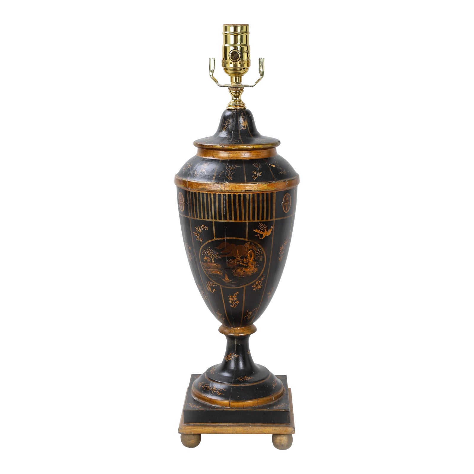 Vintage Black and Gold Trophy Cup Lamp With Chinoiserie Art Painting ...