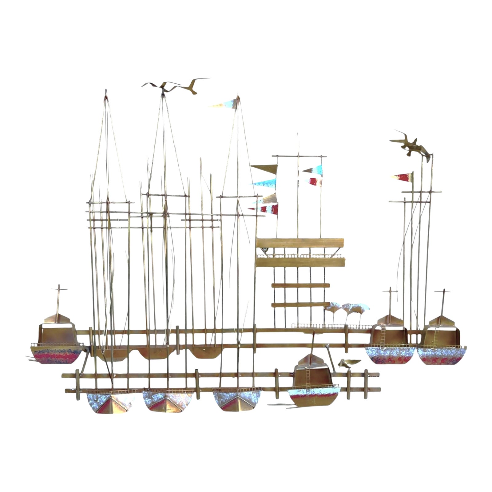 1980s Curtis Jere Nautical Wall Sculpture – Brass Sailboats & Seagulls ...