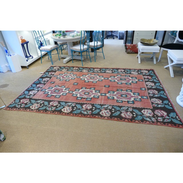 Antique Turquoise & Pink Floral Rug- 6′6″ × 9′7″ | Chairish