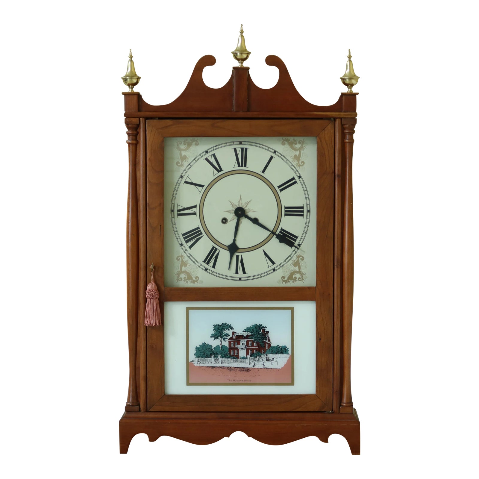 Pillar & Scroll Cherry Clock with Hancock House Glass Panel | Chairish