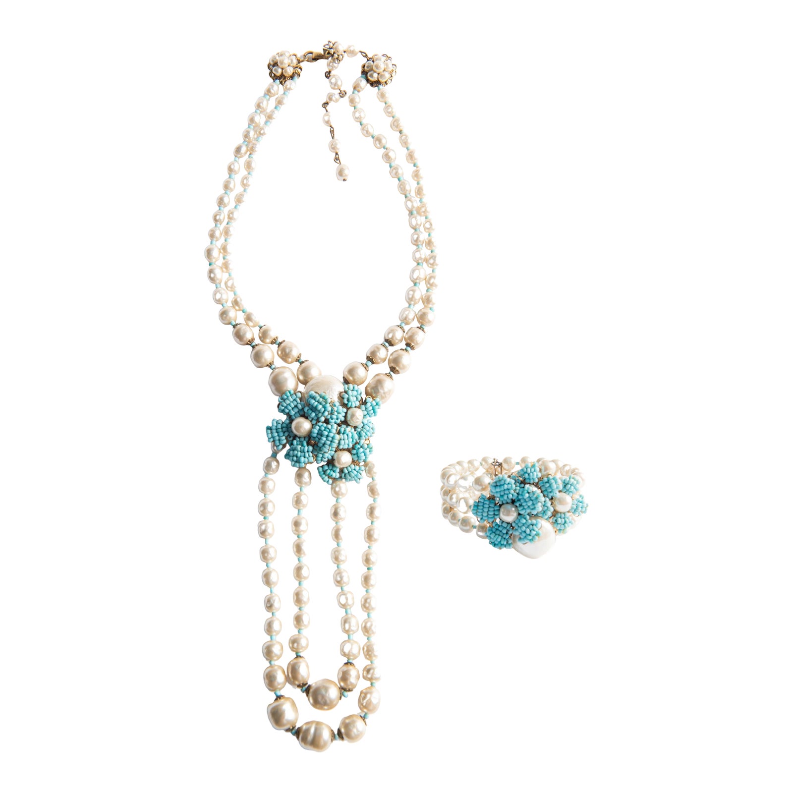 1960s Miriam Haskell Pearl, Turquoise Beaded Necklace & Bracelet Set ...