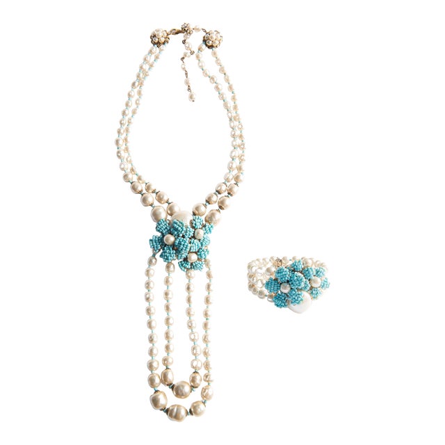 1960s Miriam Haskell Pearl, Turquoise Beaded Necklace & Bracelet Set ...