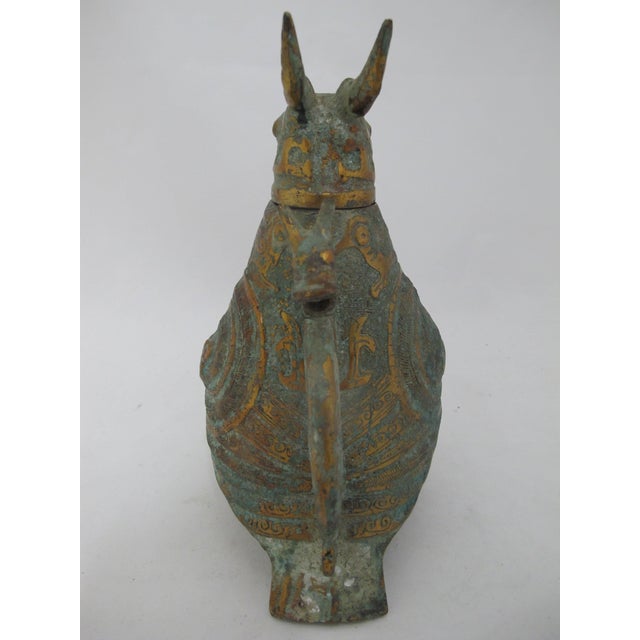 Chinese Archaic Bird Bronze Ware Gold Toad Accent Ritual Wine Vessel ...