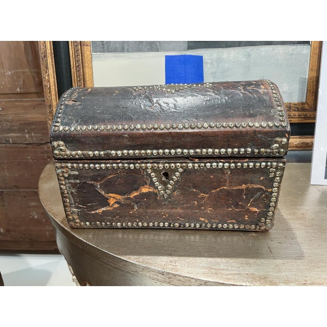18th Century Antique Leather Box With Nail Heads | Chairish