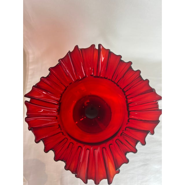 Vintage Blenko Ruby Red Crimped Edge Pedestal Vase | Chairish