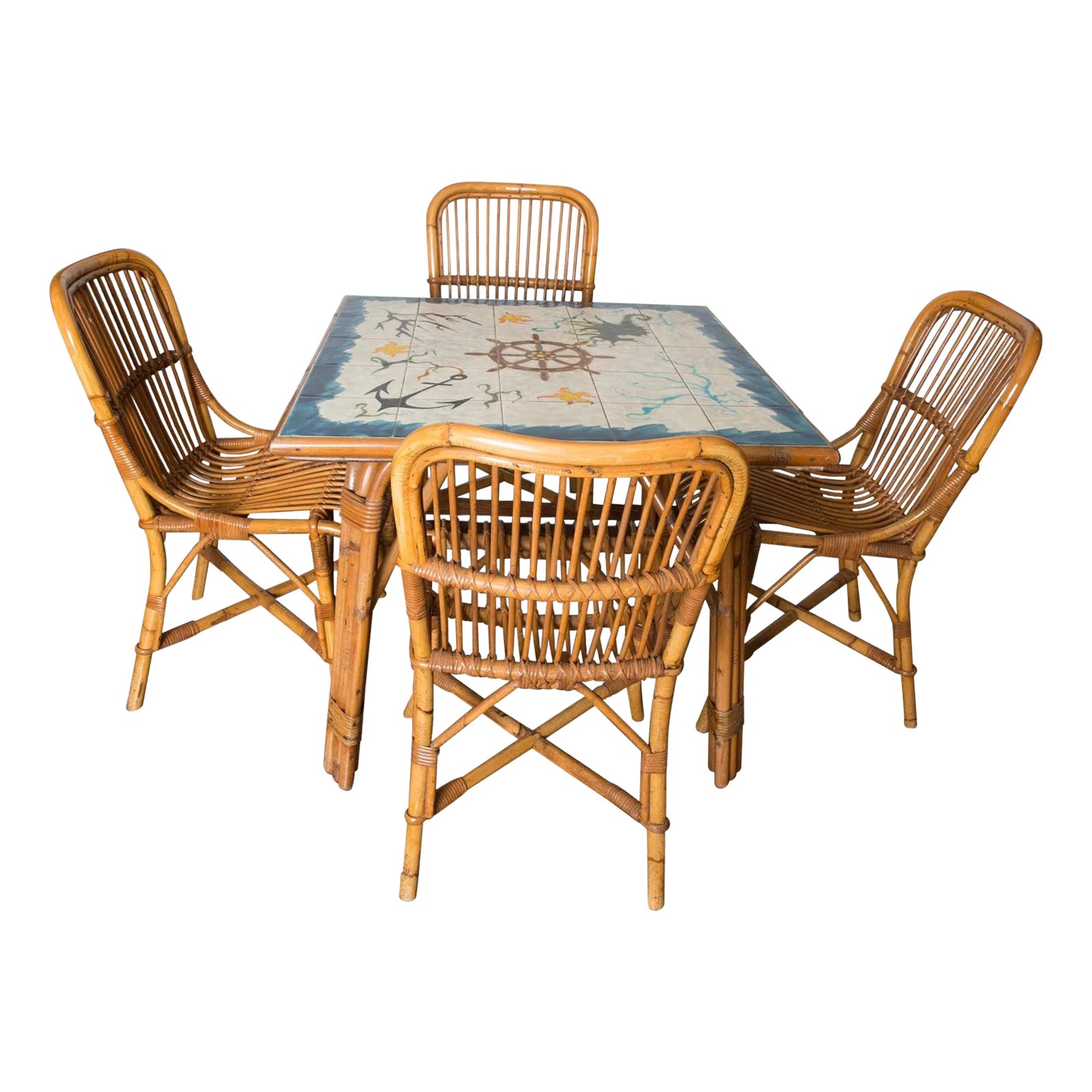 Cote D'Azur Rattan, Tile Table and Chairs - 5 Pieces | Chairish