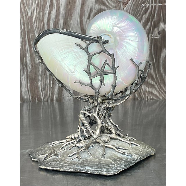 Vintage Coastal Nautilus Shell in Metal Faux Bois Cradle | Chairish
