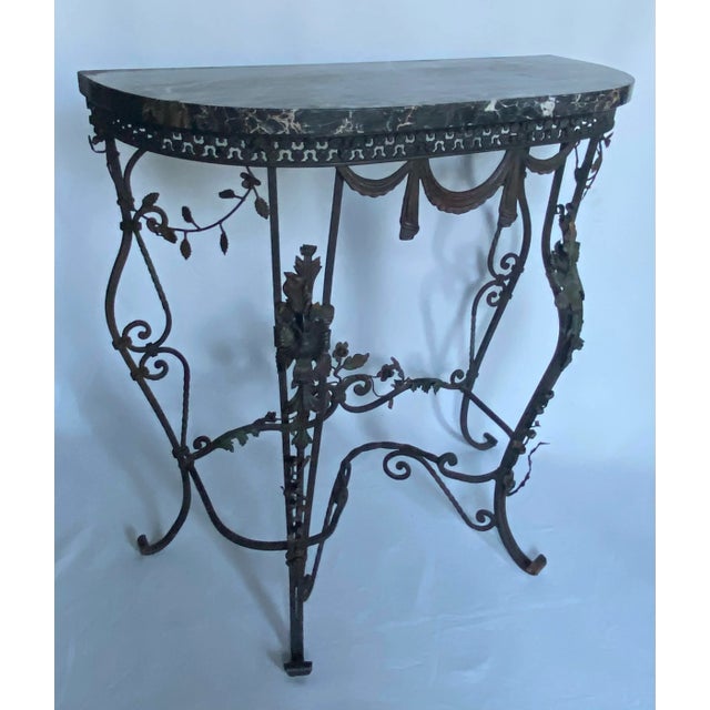 Floral Draped French Wrought Iron Demilune Console Table With Marble ...