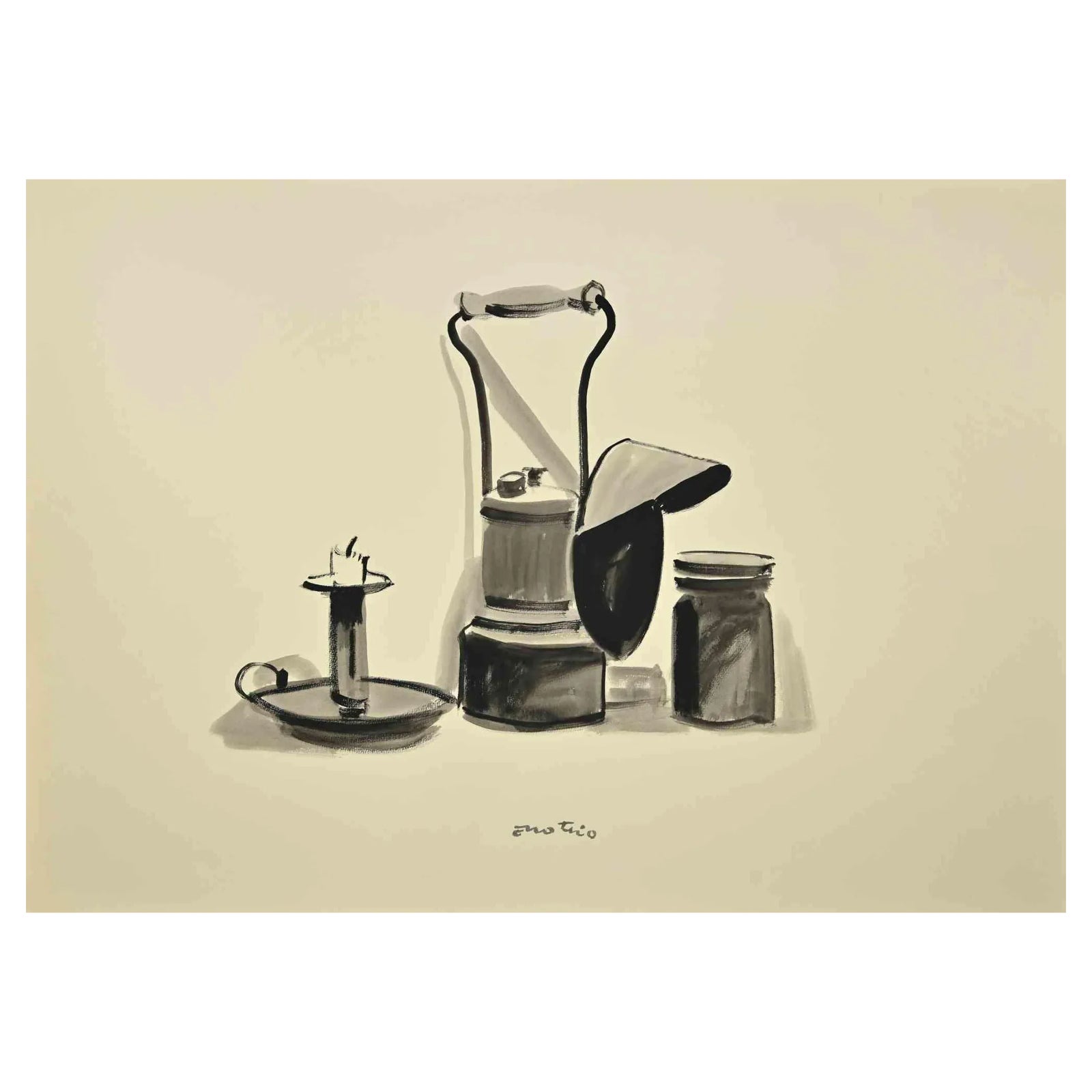 Enotrio Pugliese, Still Life with Objects, Watercolor, 1960s | Chairish