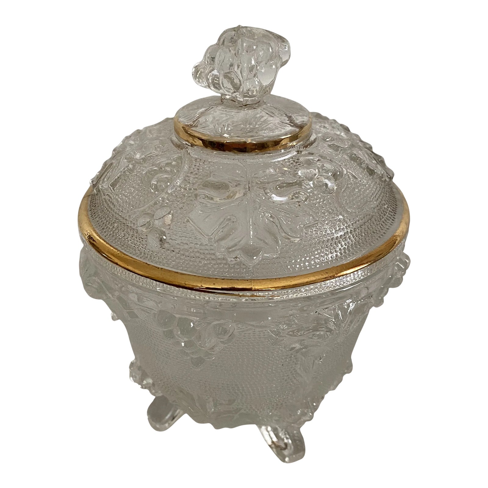 Vintage Pressed Glass Candy Dish Grape Design Gold Accents | Chairish