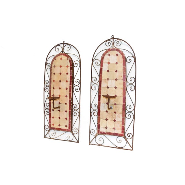 Terracotta Tile Wall Sconce With Candle Cup Red Accents | Chairish