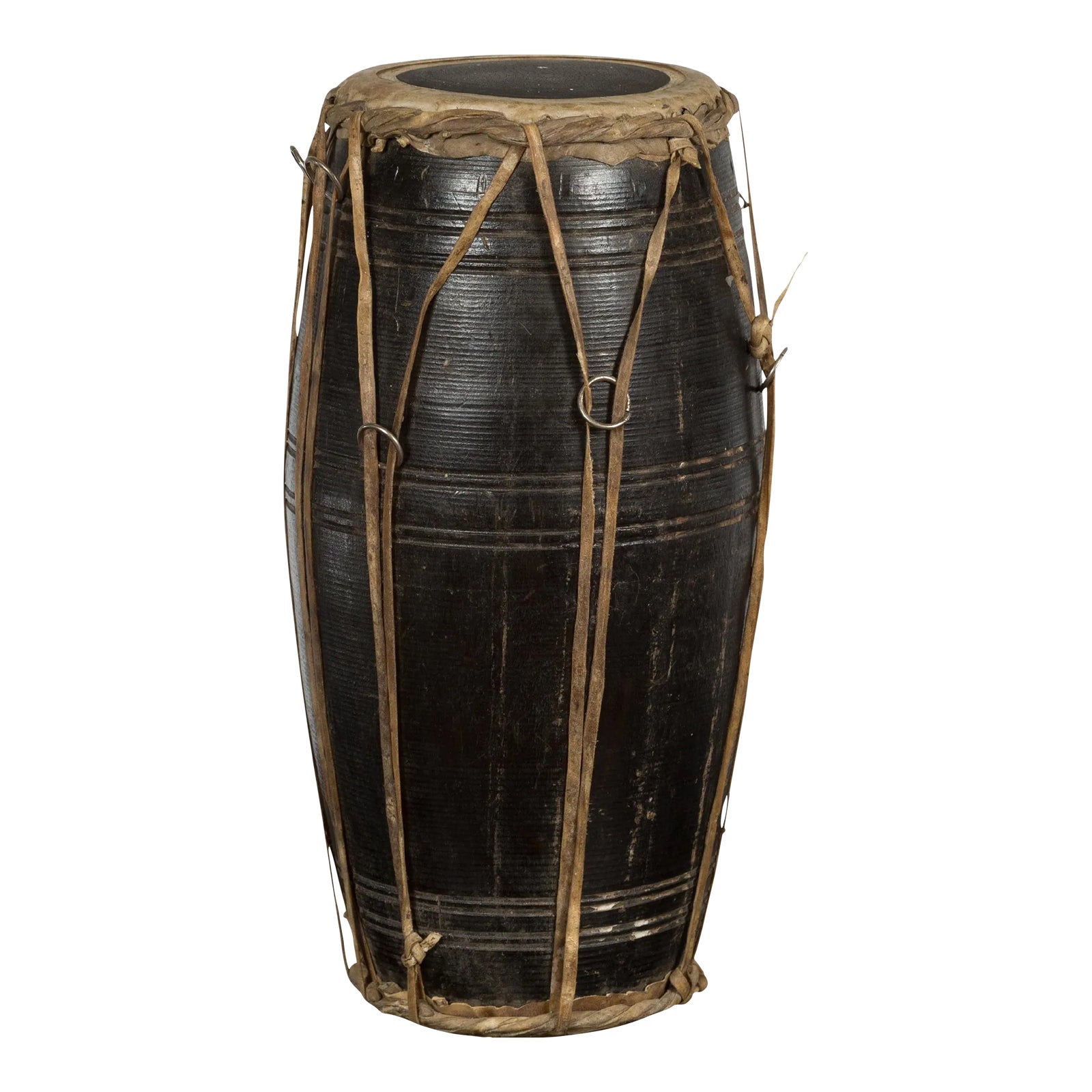 Thai Wood and Leather Klong Khaek Processional Drum with Distressed ...