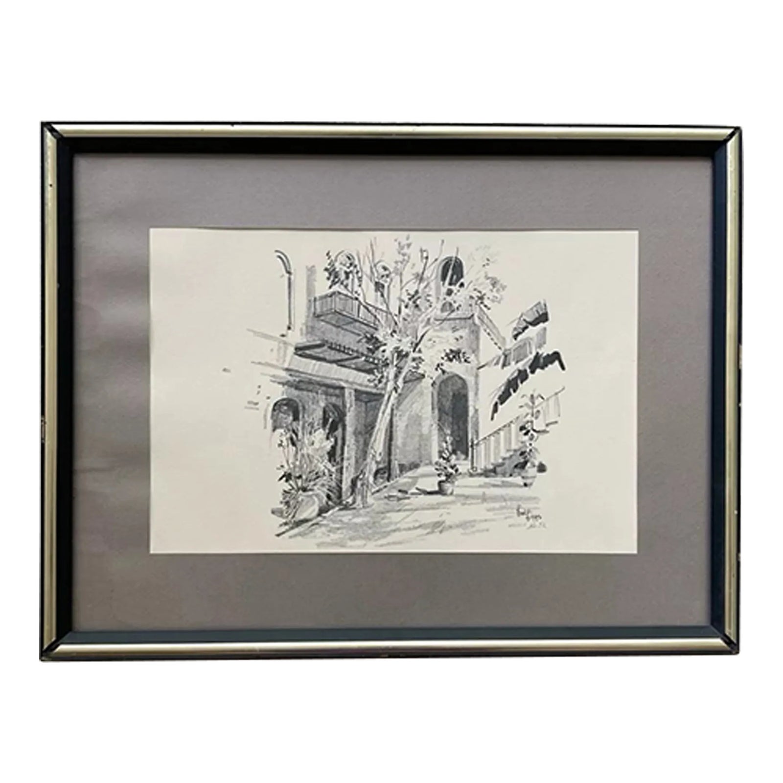 1960s Bud Biggs Signed Framed “Courtyard” Pencil Sketch Lithograph ...