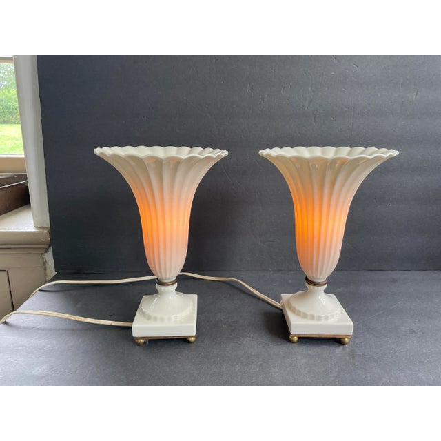 Art Deco Table Lamps Fluted Trumpet Vase - White - Set of 2 | Chairish