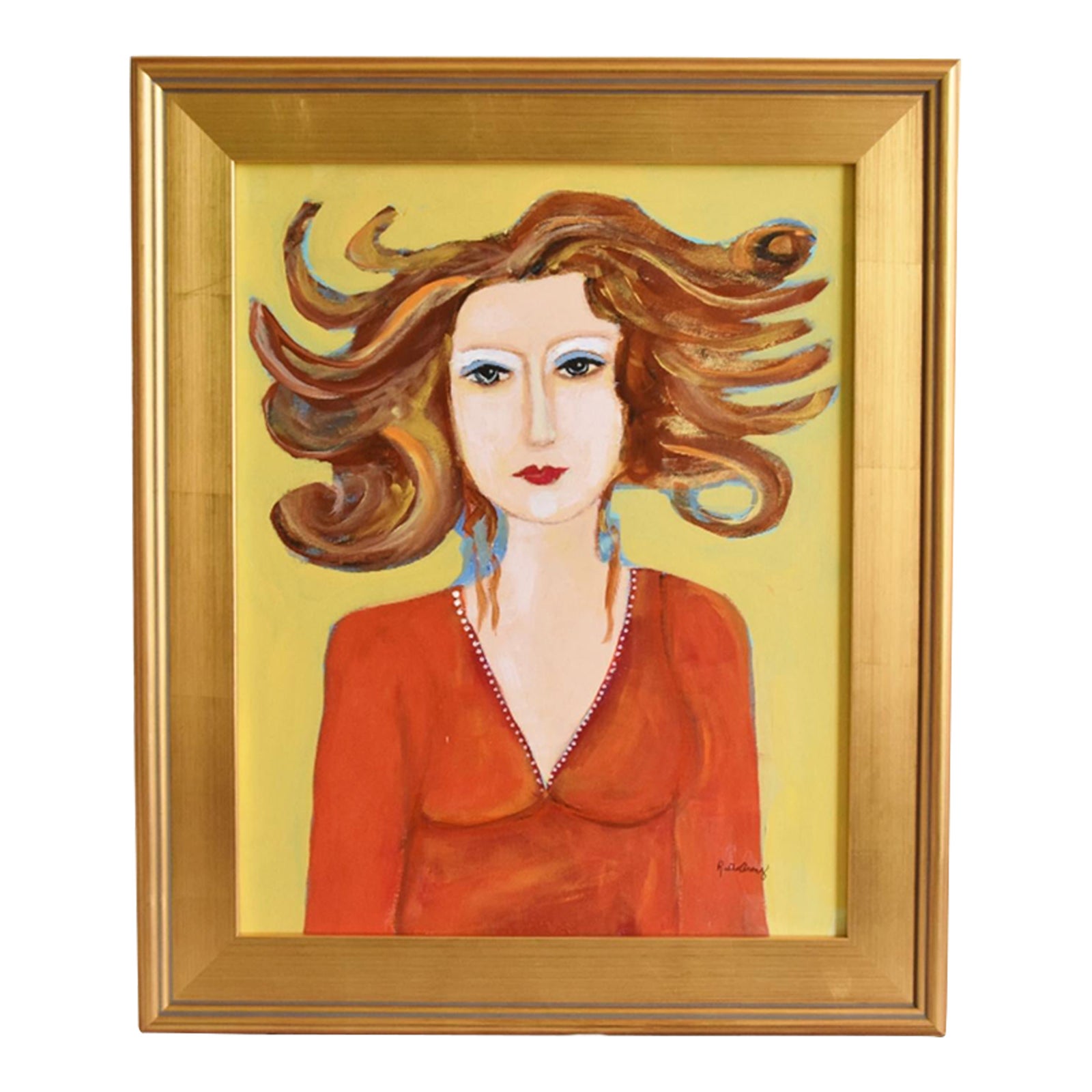 French Mademoiselle W/ Long Flowing Red Hair Portriat Painting Including the Antiqued Gold Wood ...