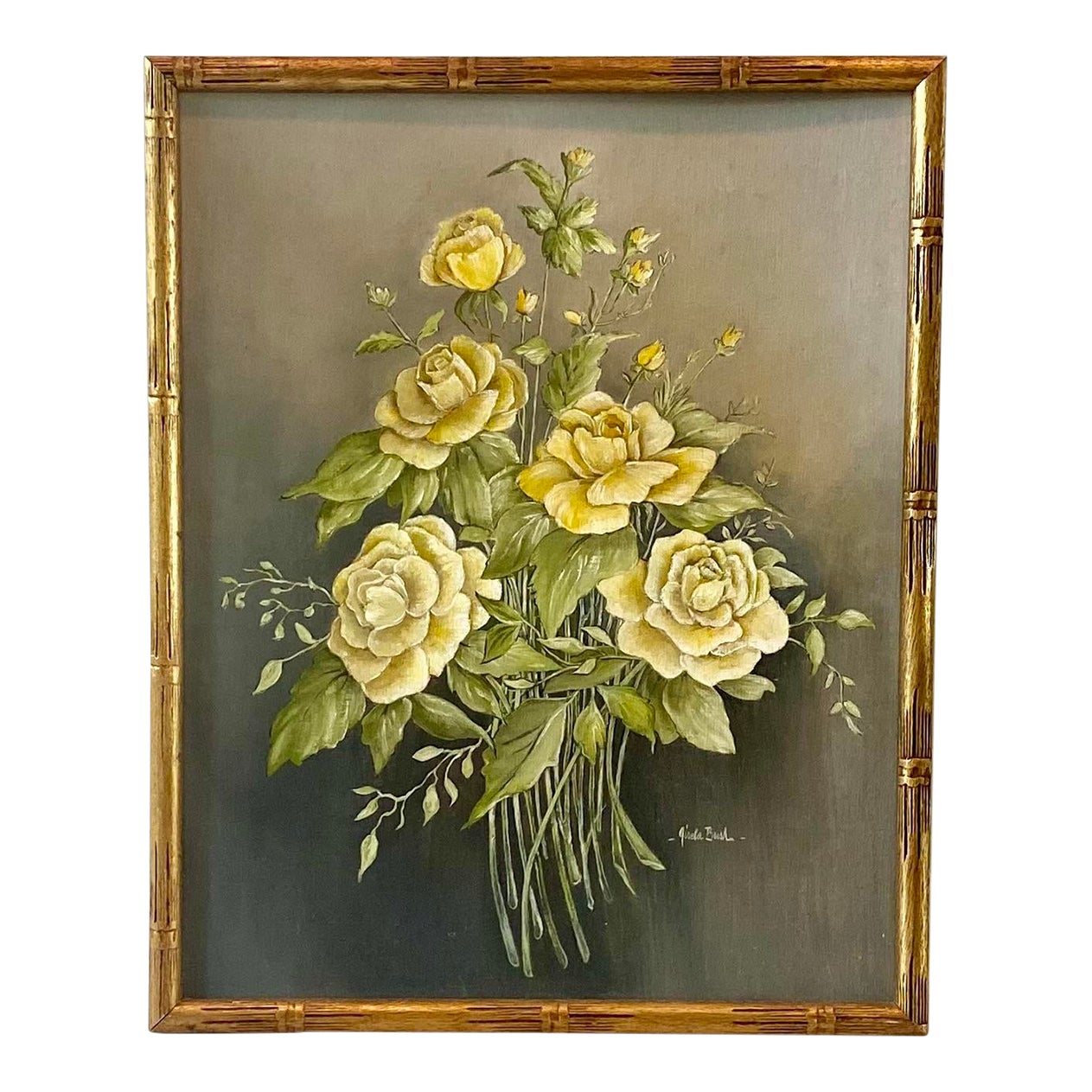 Vintage Yellow Roses Flower Painting With Gold Bamboo Style Frame ...