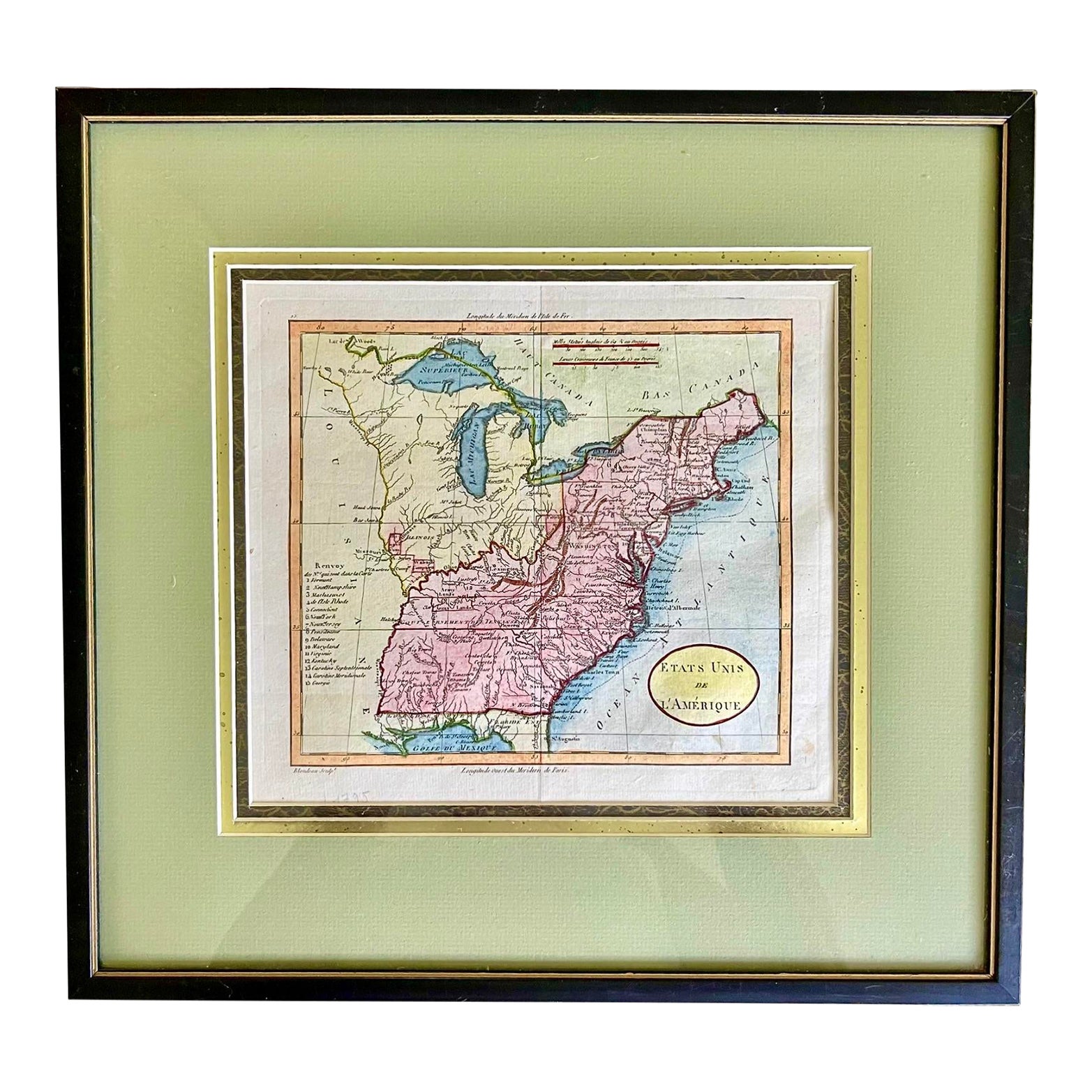 1795 French Hand Colored Map of the Us and Canada | Chairish