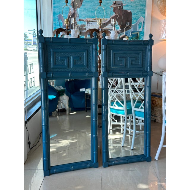 Vintage Pair of Wood Faux Bamboo Greek Key Blue Lacquered Wall Mirrors ...